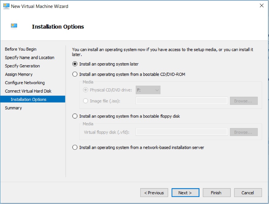 Hyper V Manager – New Virtual machine Wizard – Installation Options ... Hyper V Manager – New Virtual machine Wizard – Installation Options ...